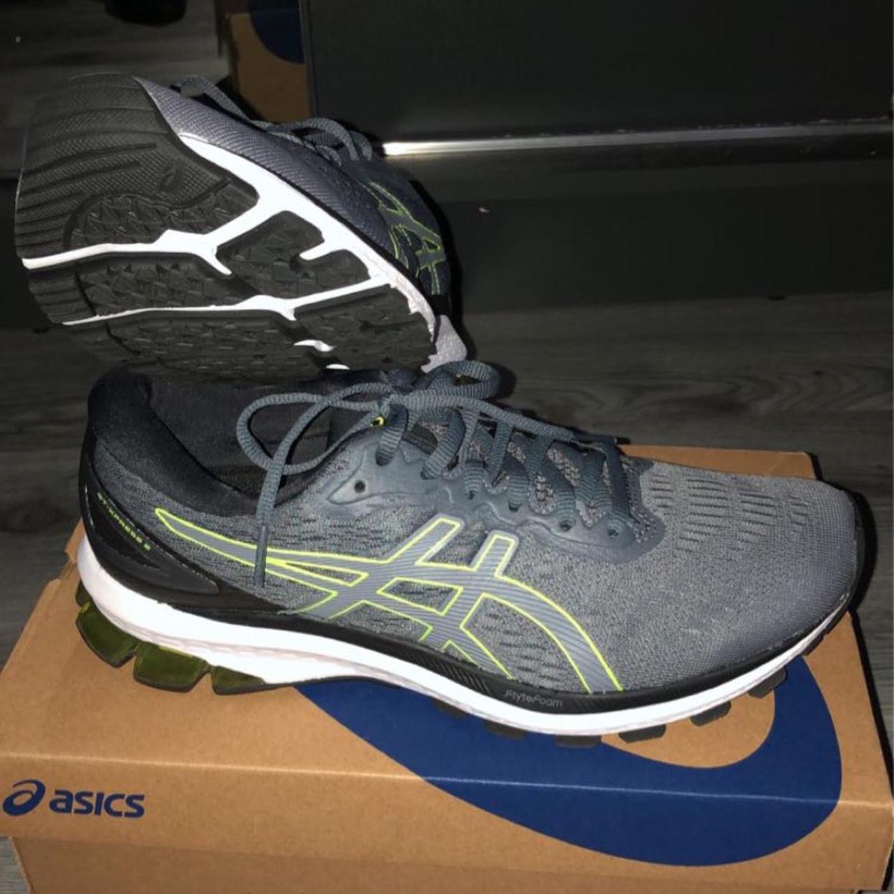 Grey and green ASICS Gel Kayano 28 running shoes... - Depop