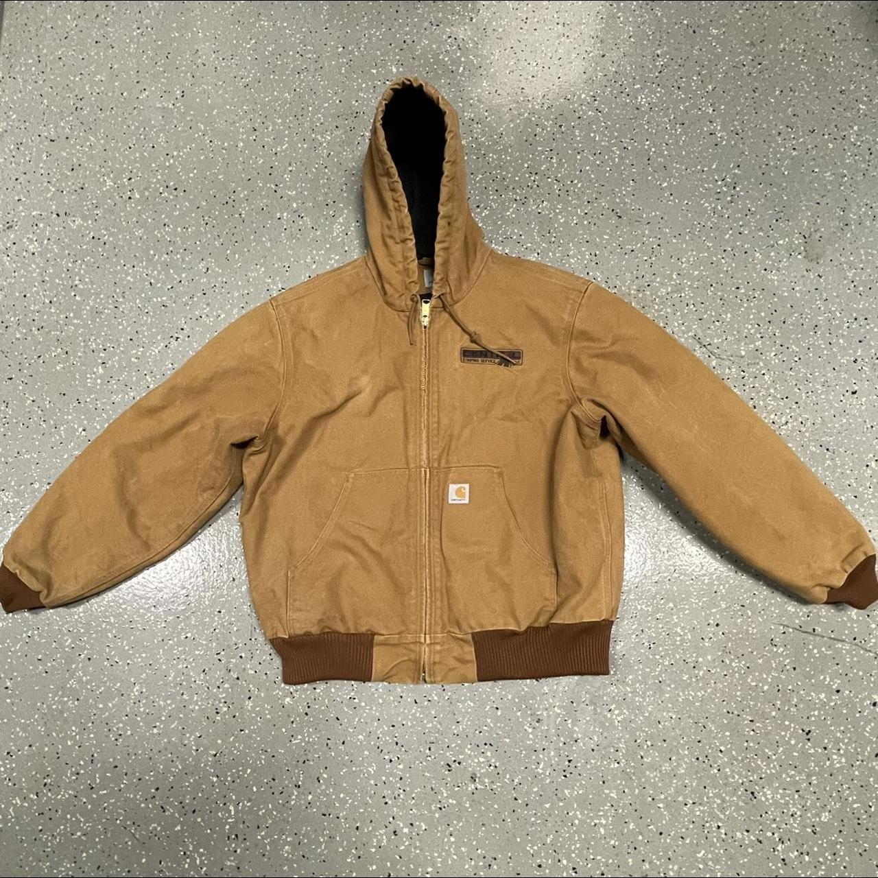 vintage carhartt hooded jacket classic tan color... - Depop