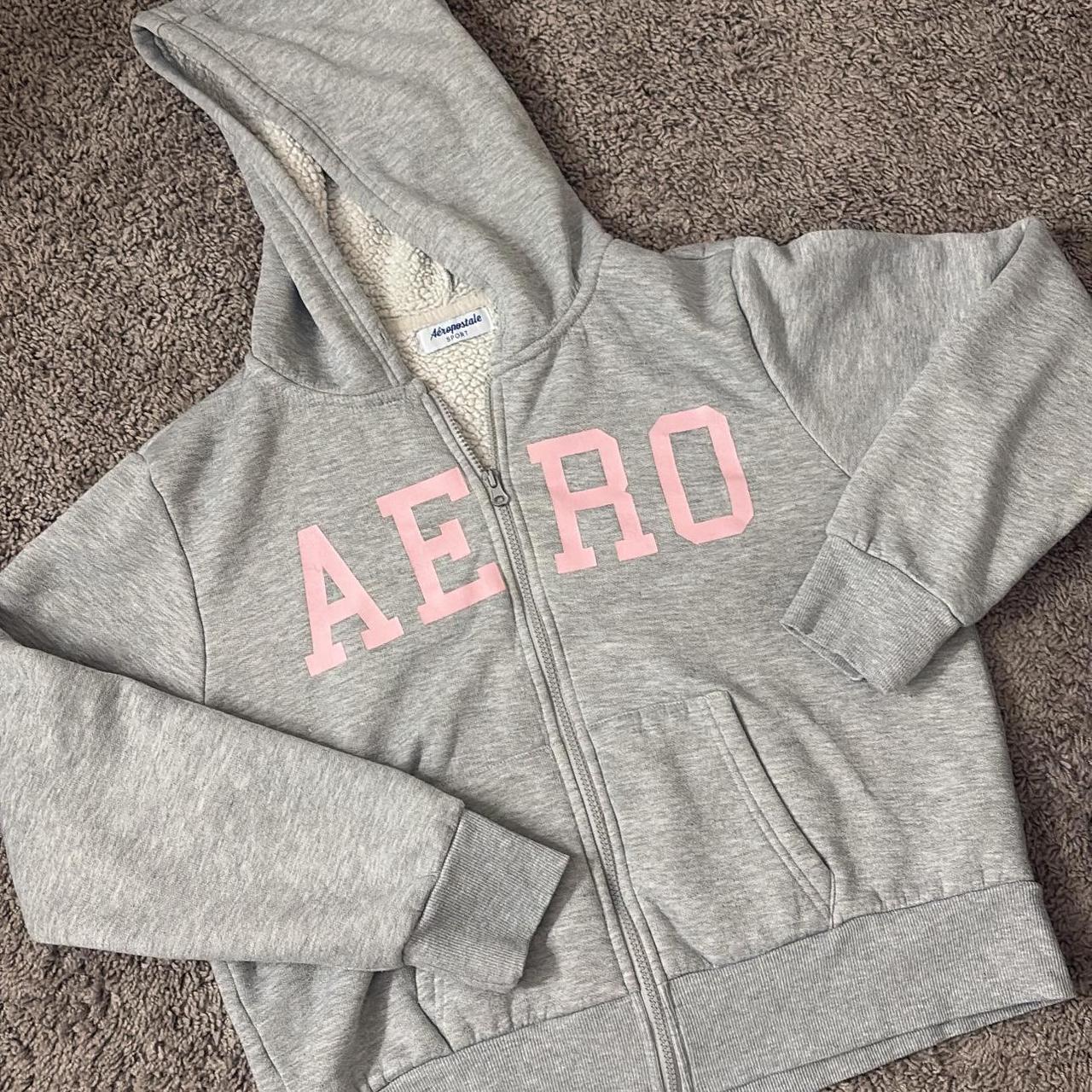 -grey and pink Aeropostale zip up hoodie -size... - Depop