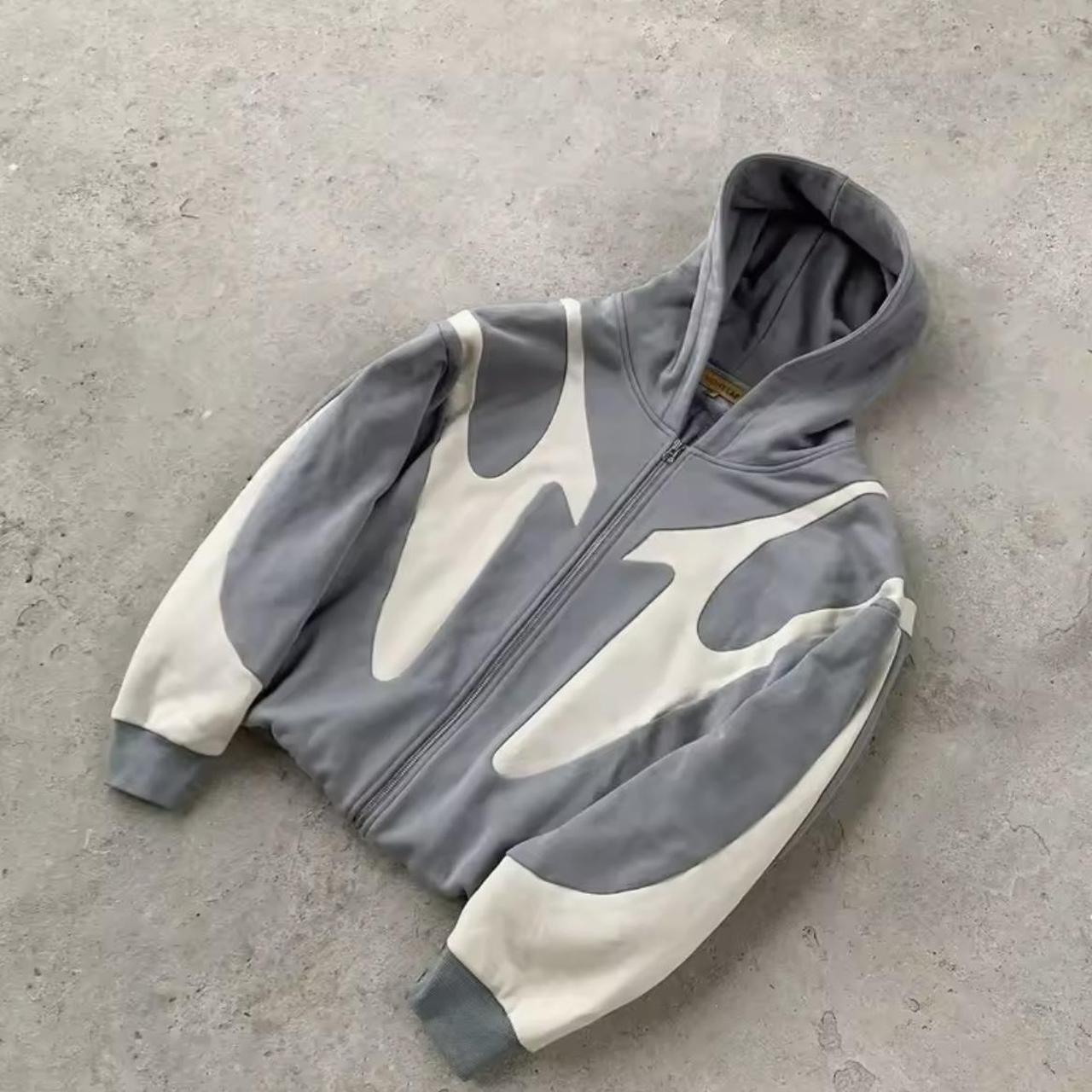 Grey and white flame designed hoodie - Depop