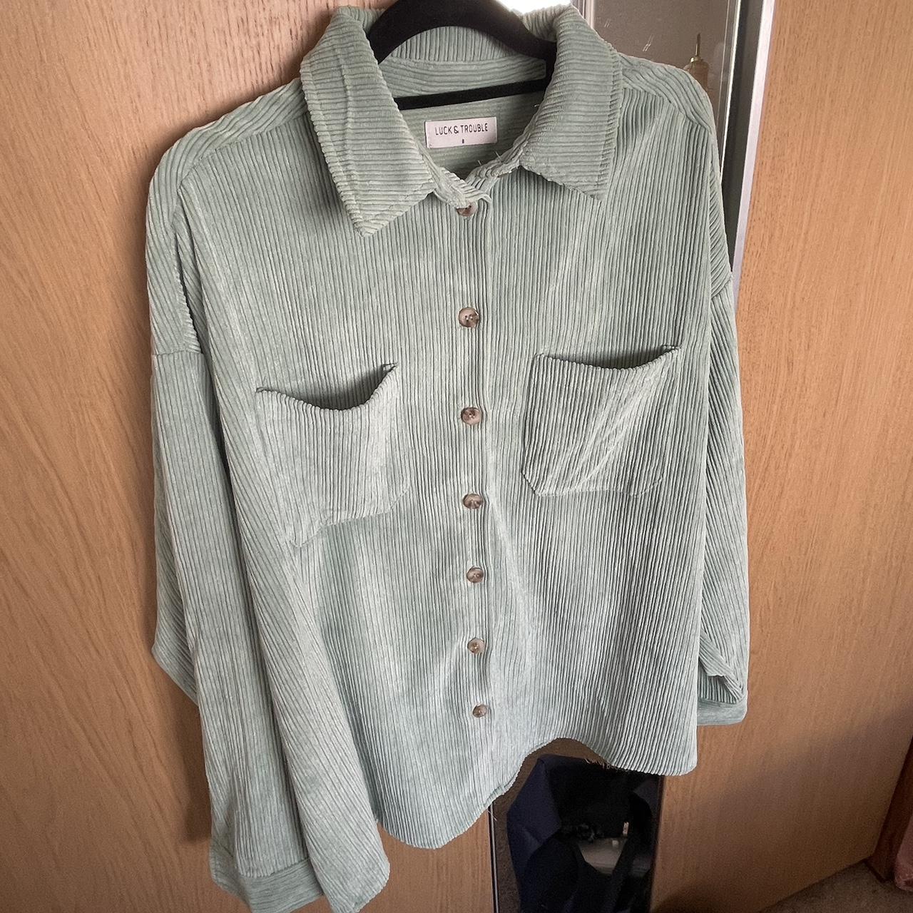 Turquoise corduroy button up shirt, oversized and... | Depop