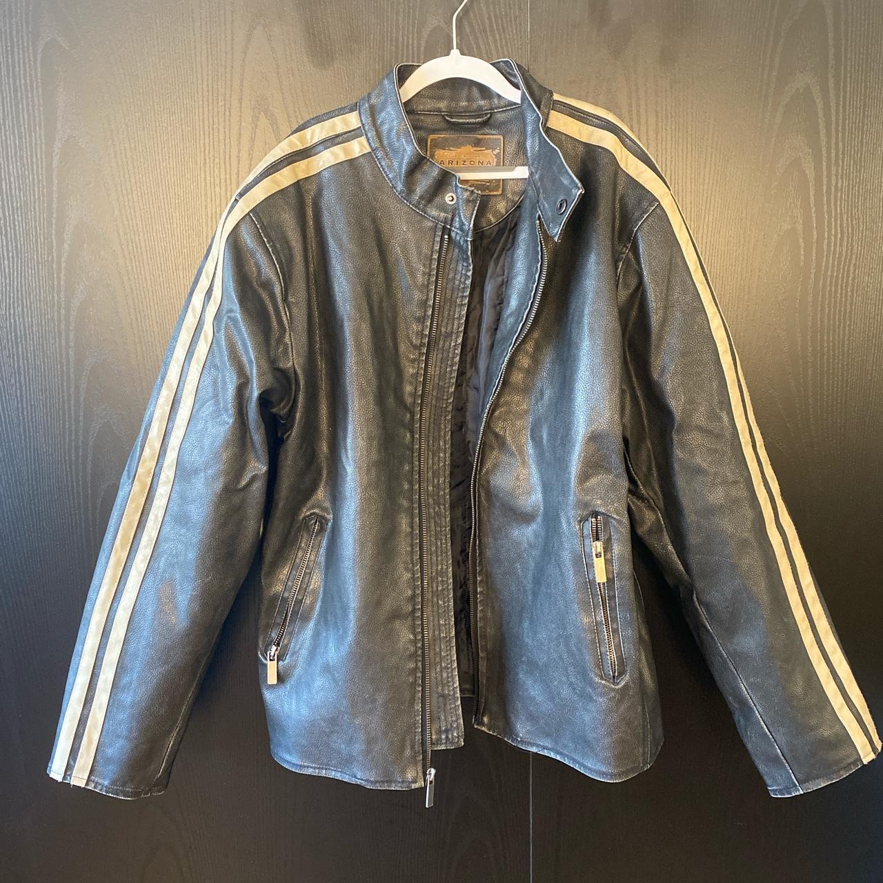 Black moto racing leather jacket with white racing... - Depop