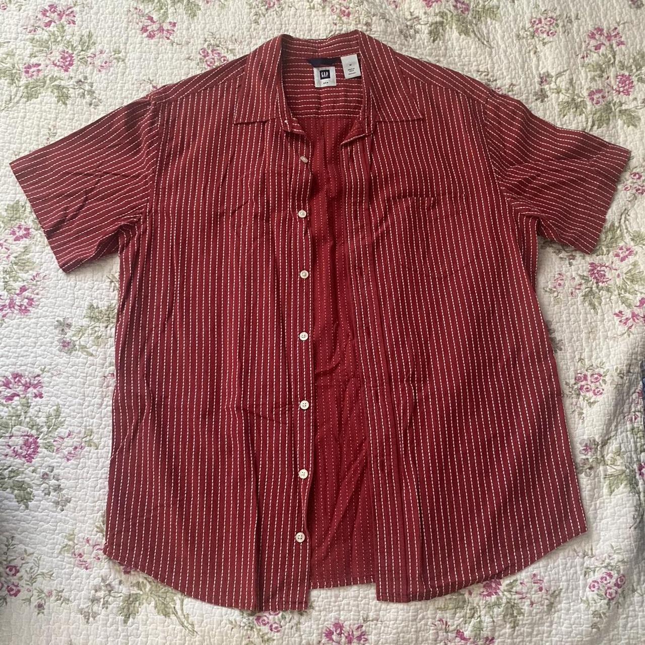 Vintage red short sleeve button down with white... - Depop