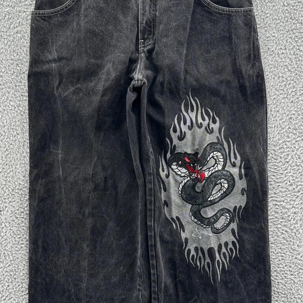 JNCO flaming snake black jeans smalls Waist 28... | Depop