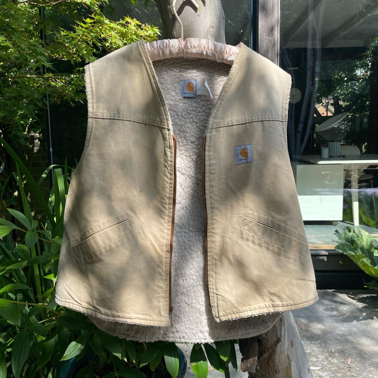 Genuine carhartt cream denim fleece lined gilet vest... - Depop