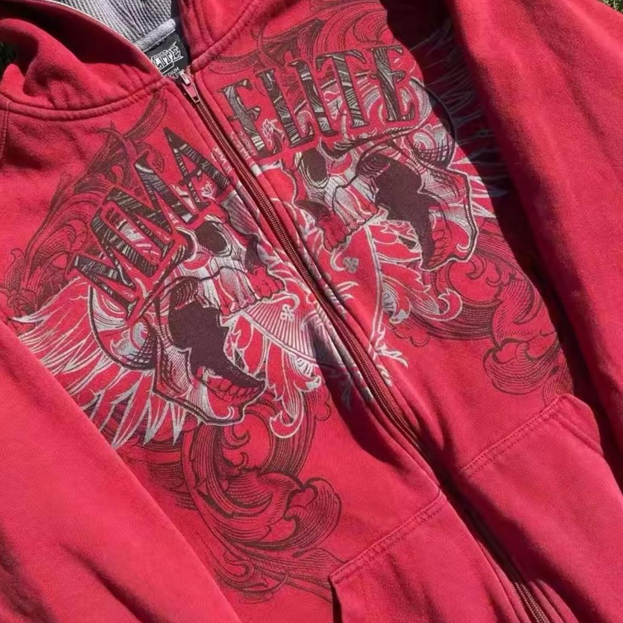 Affliction red and grey hoodie with a sick design on... - Depop