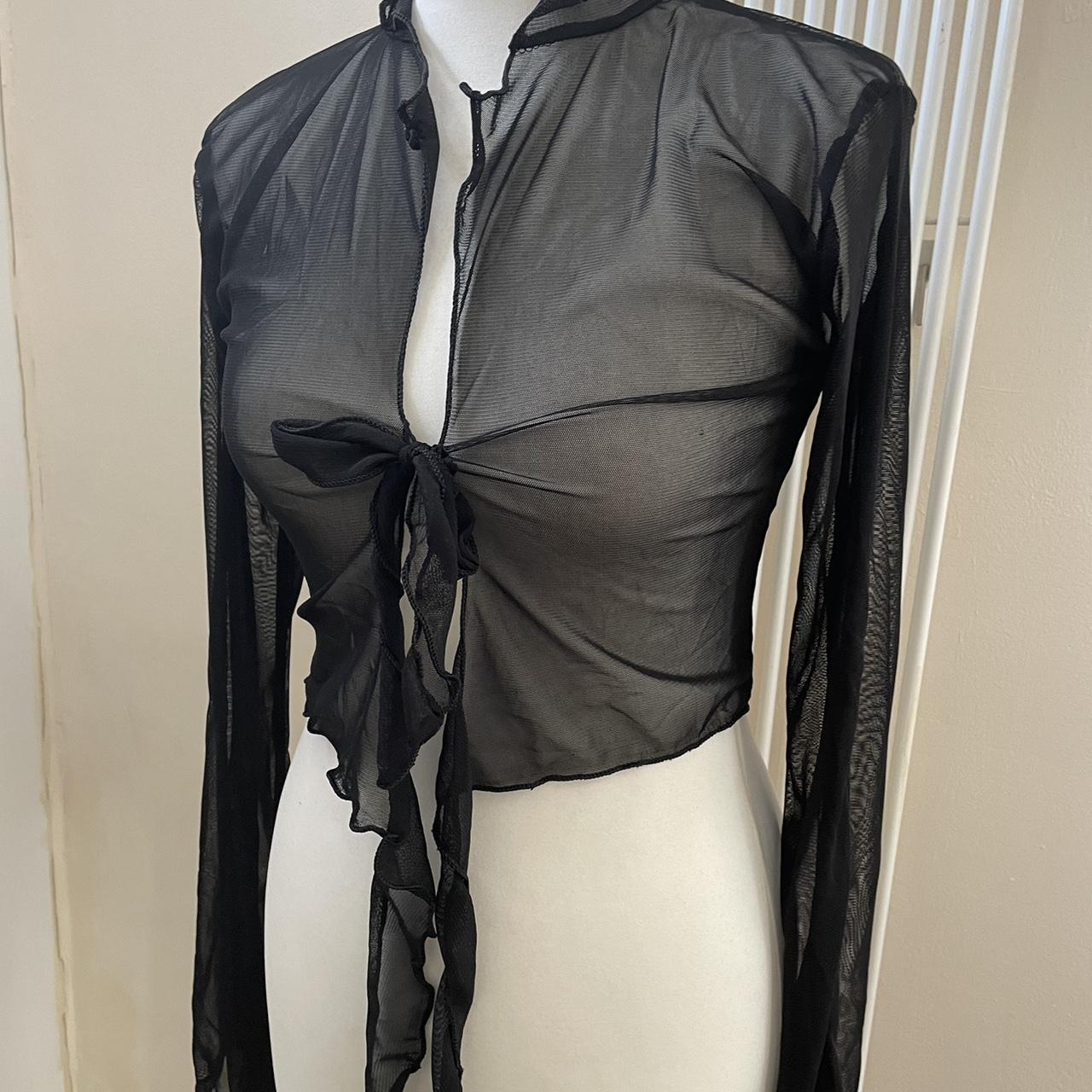 Black Sheer Mesh Flared Long Sleeve Cardigan Cover... - Depop