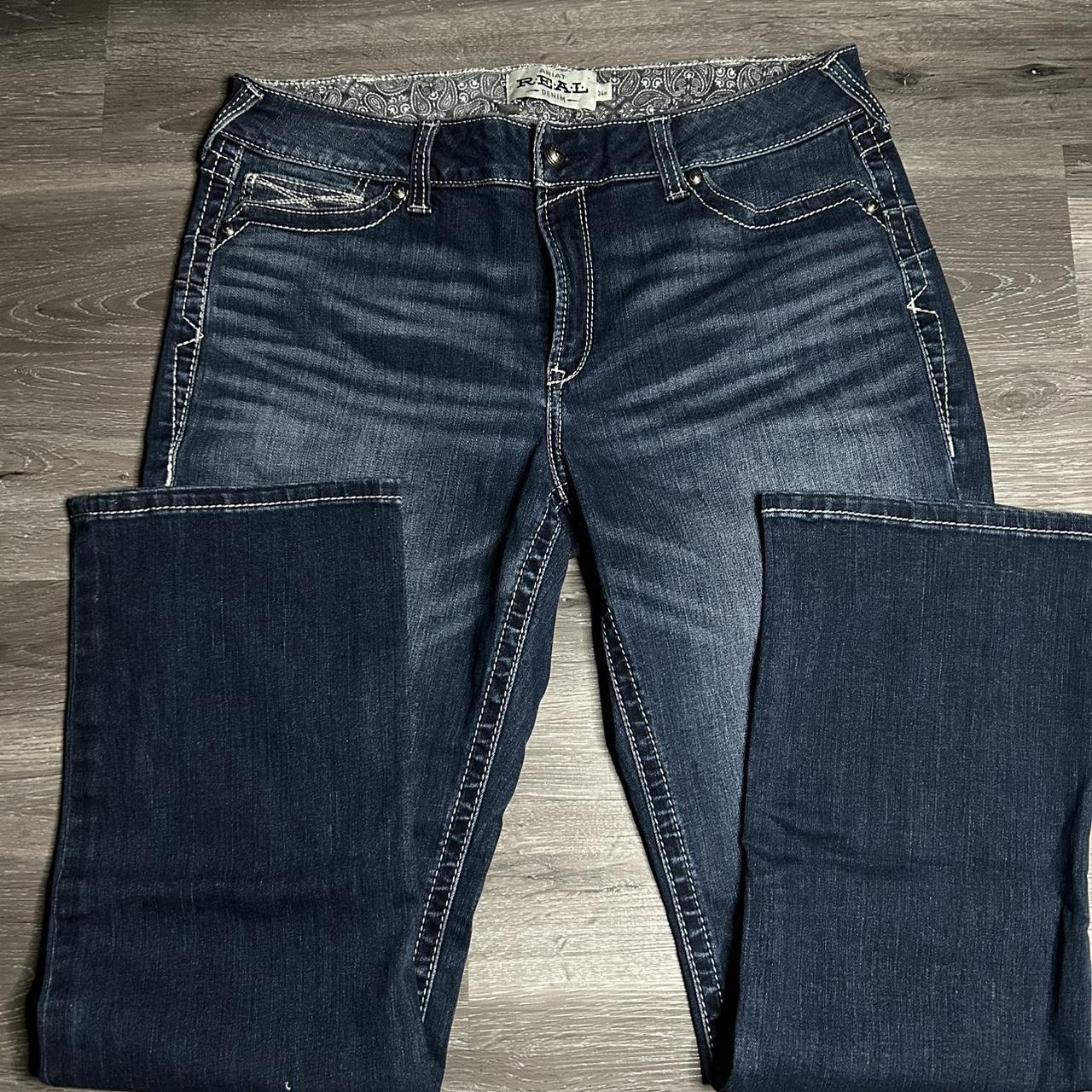 Dark wash blue denim bootcut jeans with silver... | Depop