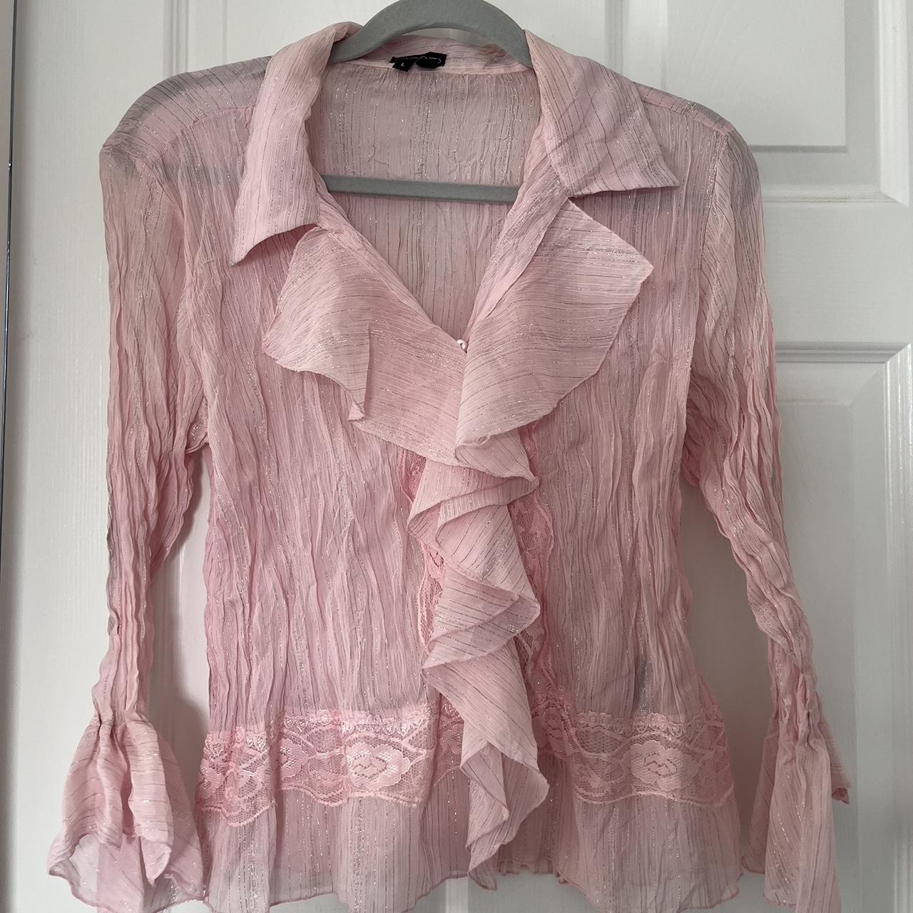 Pink ruffled blouse with lace detailing #feminine... | Depop