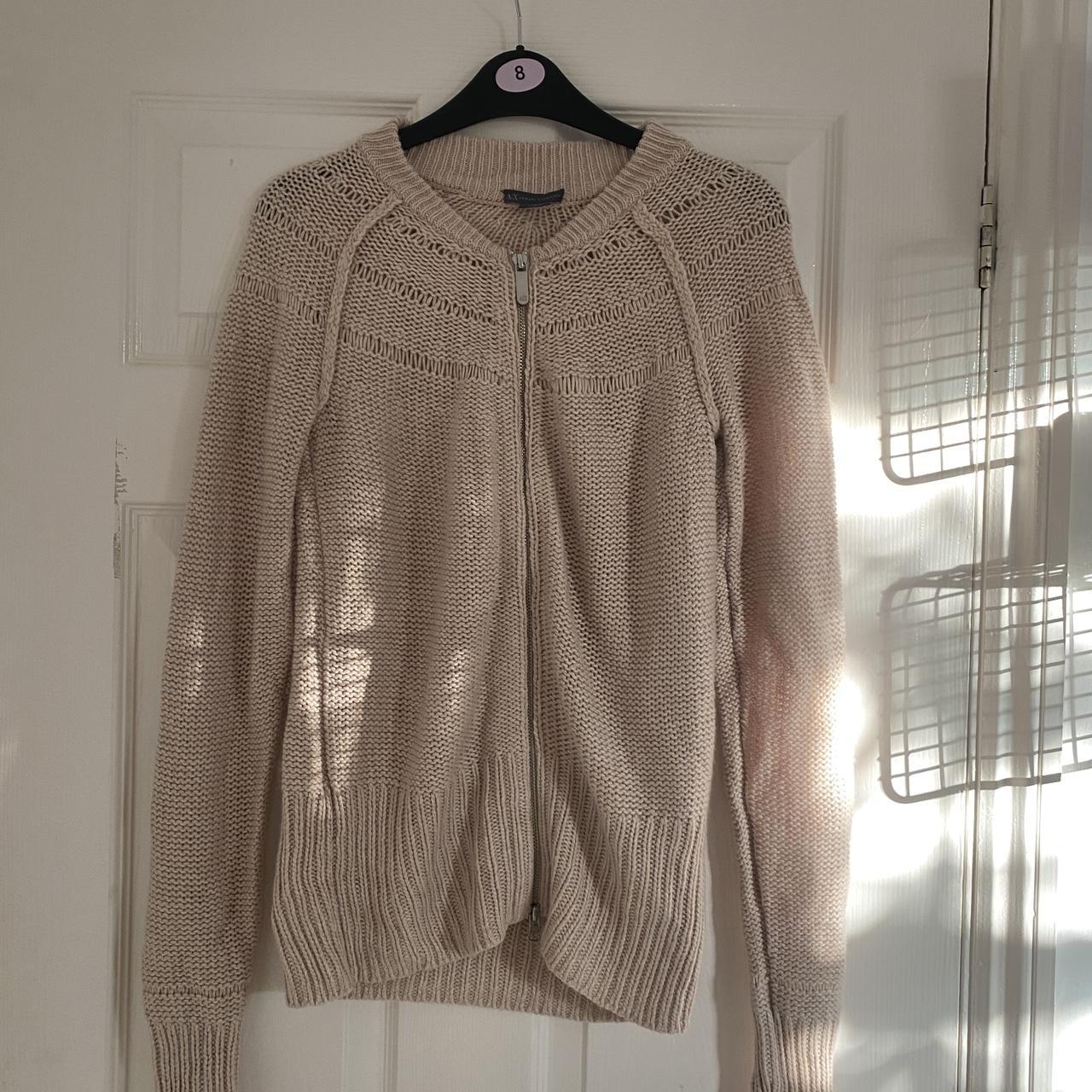 Beige open knit zip up cardigan jumper. Armani... | Depop