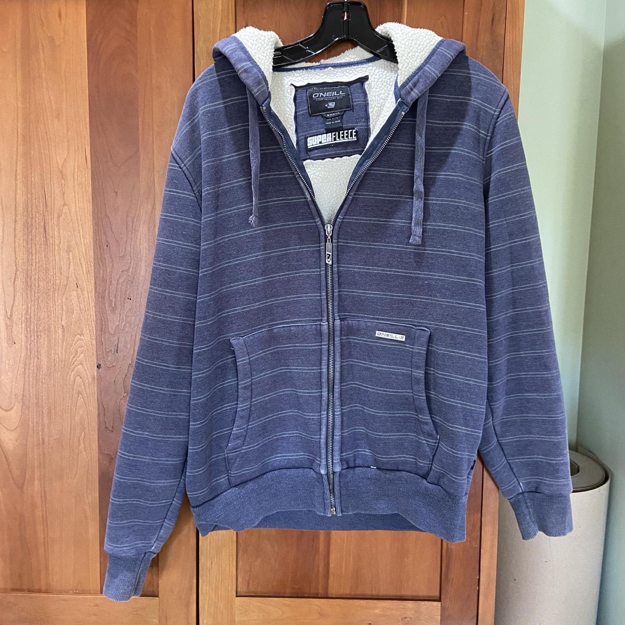 Blue striped zip-up hoodie with Sherpa lining... - Depop