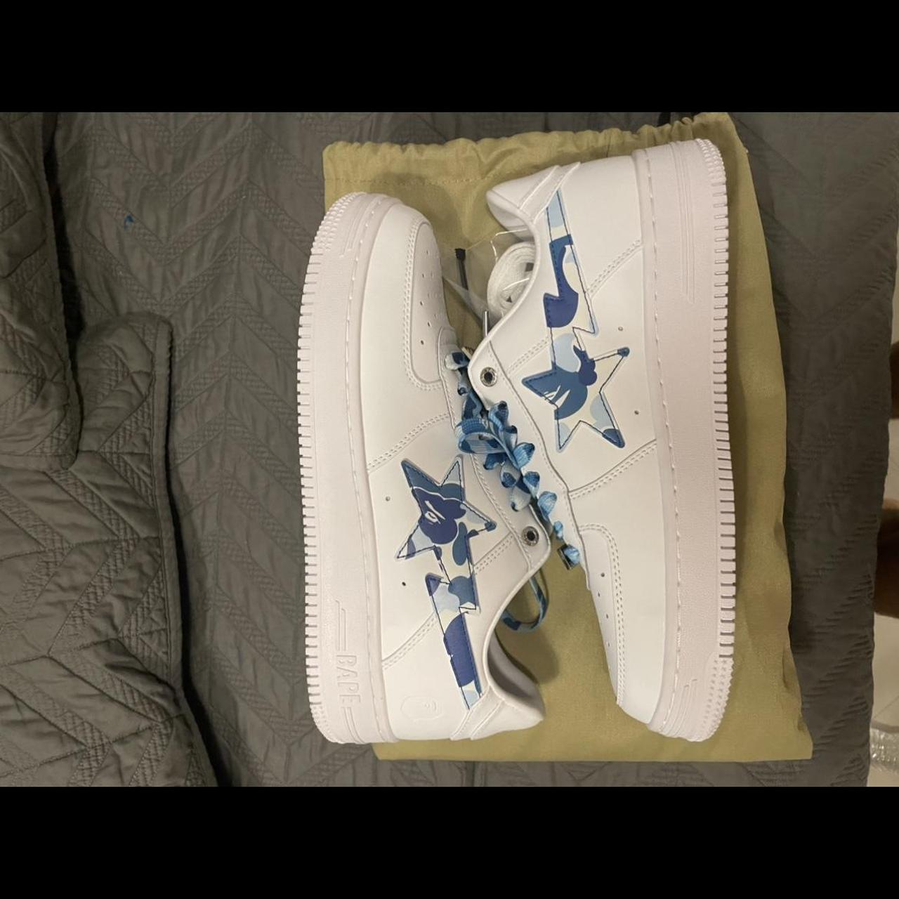 BAPE x Nike Air Force 1 trainers in white and blue... | Depop