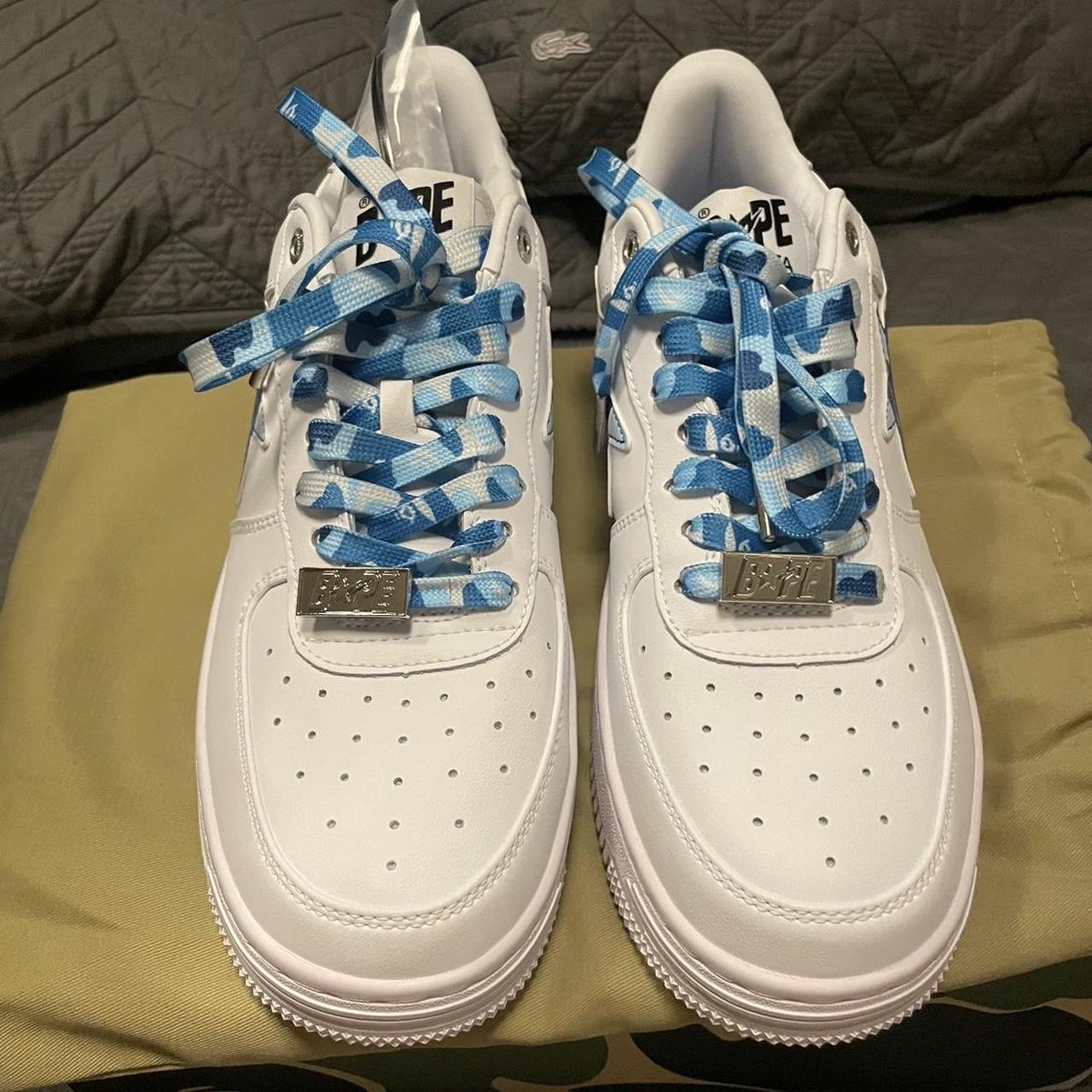 BAPE x Nike Air Force 1 trainers in white and blue... | Depop