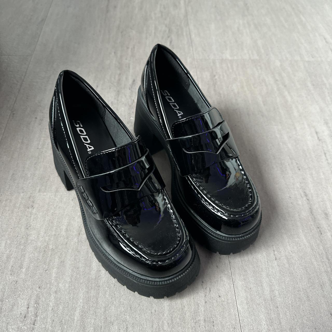Black patent leather chunky platform loafers #goth... | Depop