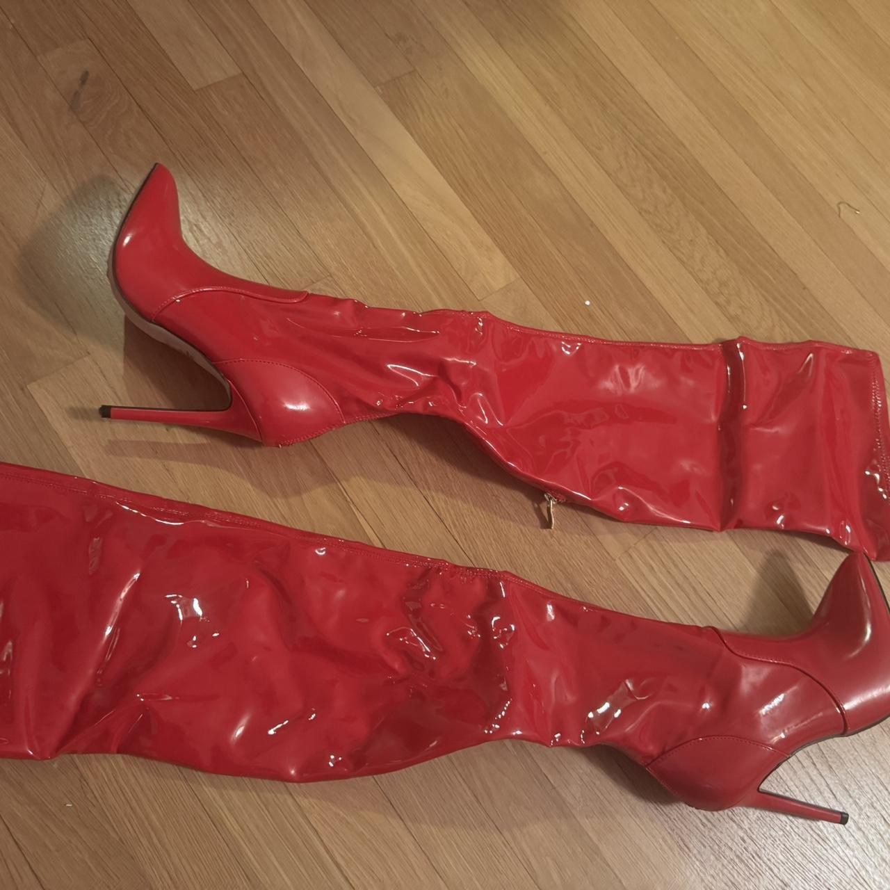 Red over the knee boots with 4 inch heel... - Depop