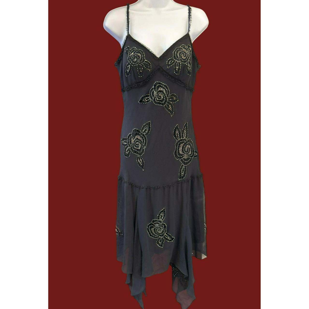 Y2K Vintage Sue Wong Black Floral Beaded 100% Silk... | Depop
