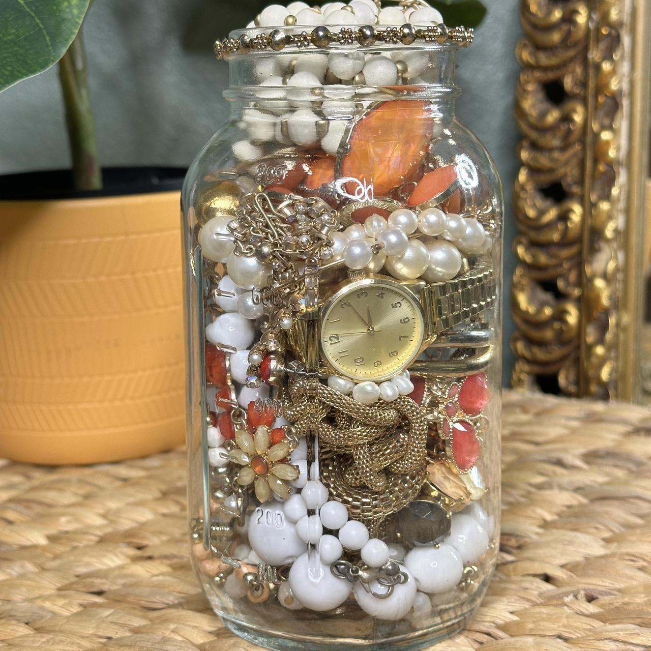 Gold toned jewelry jar has stunning jewelry inside.... - Depop
