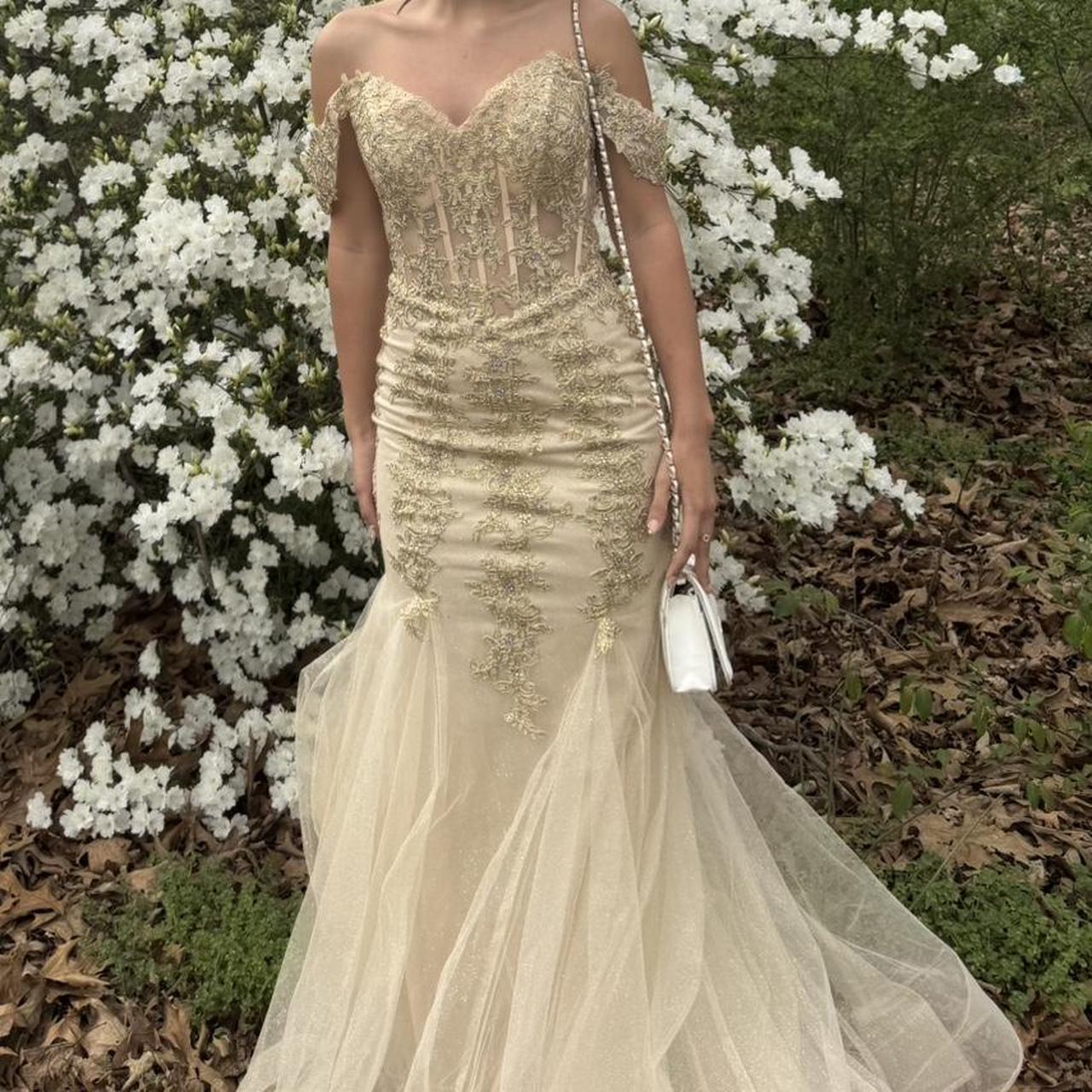 Pretty! Cream and gold prom dress with corset but... | Depop