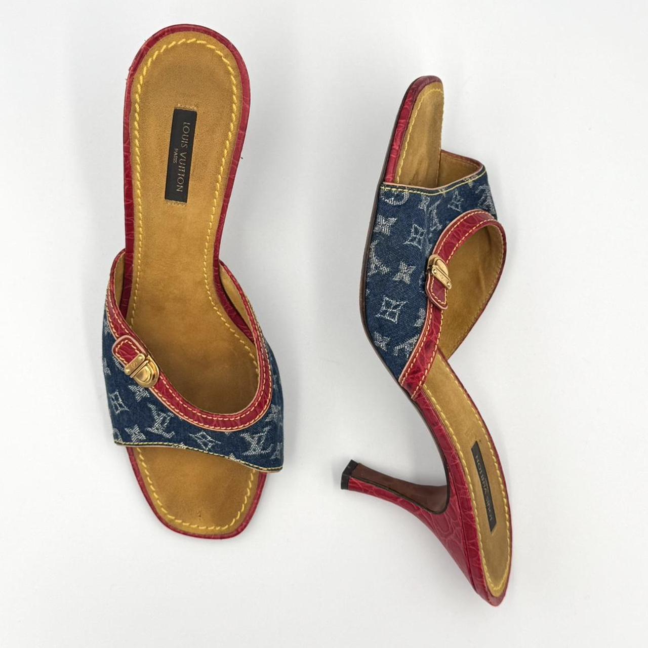 Vintage (SS2005) Louis Vuitton Denim Slides - size... - Depop