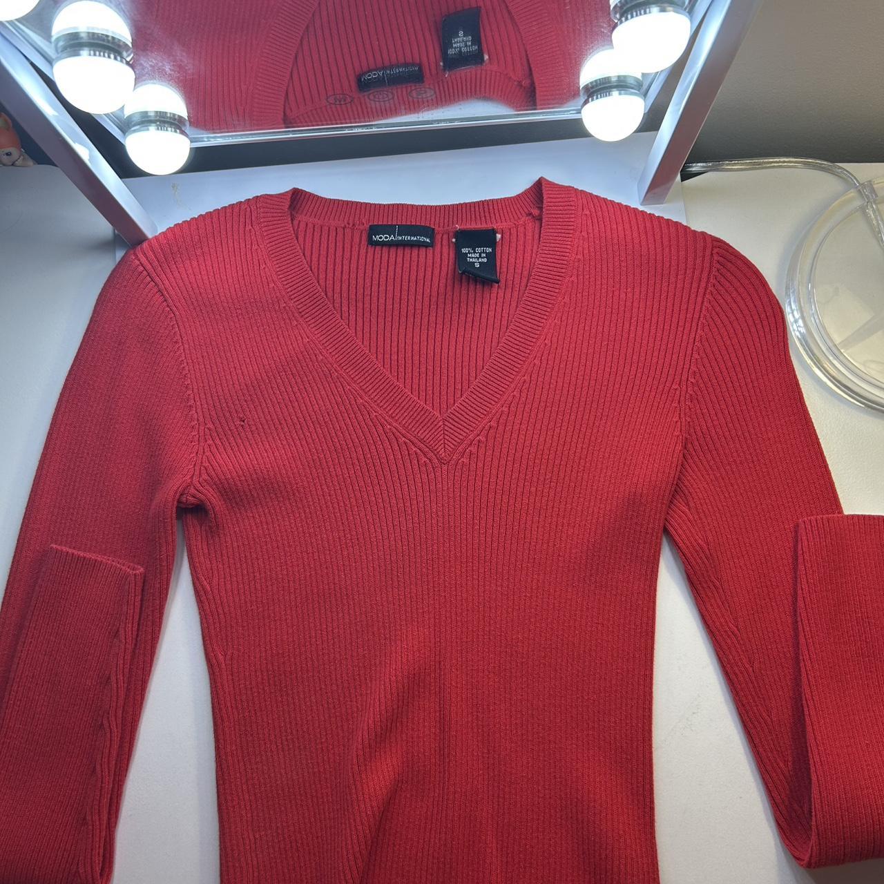 red Moda International V-neck sweater with long... - Depop