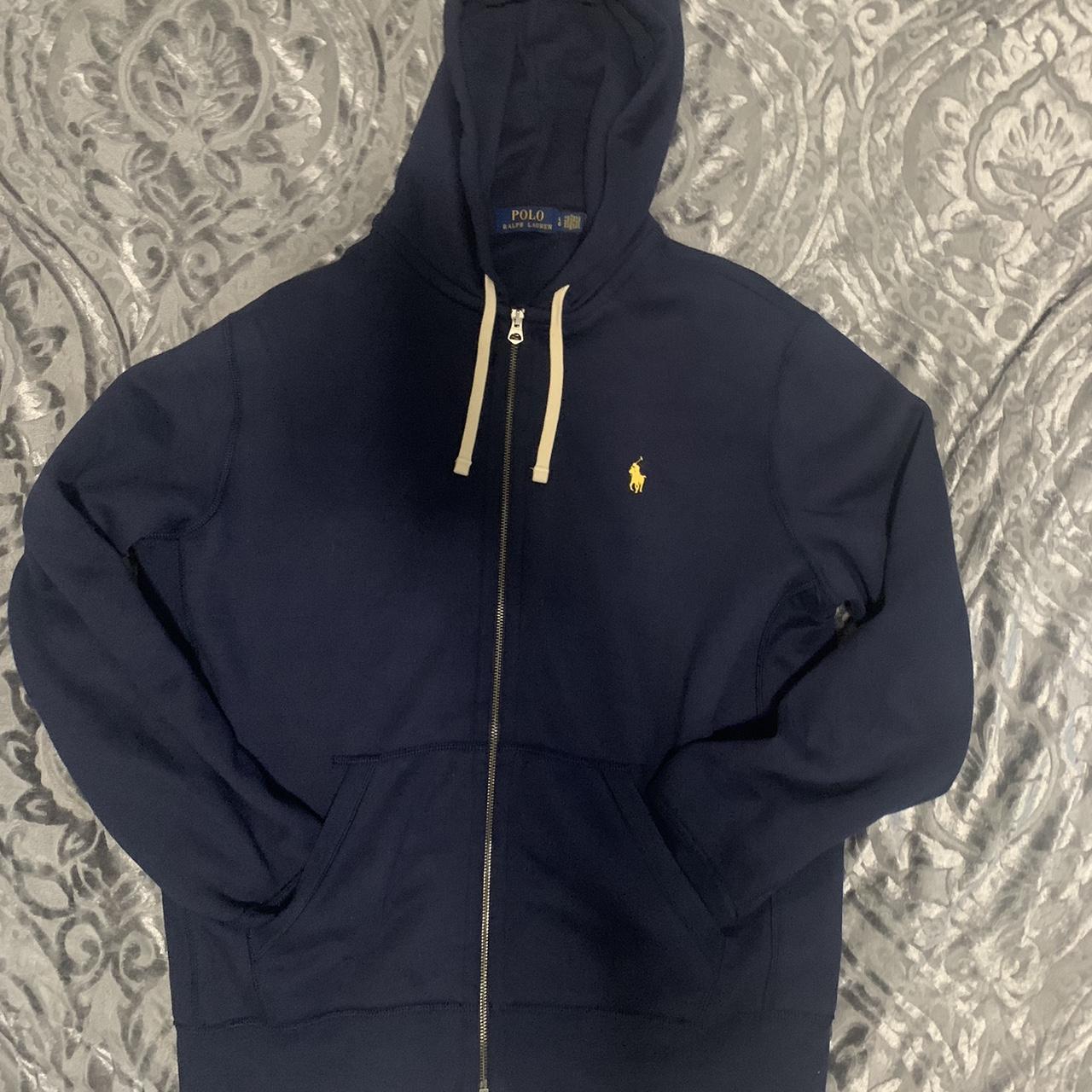 Navy polo Ralph Lauren zip-up hoodie with gold logo... - Depop
