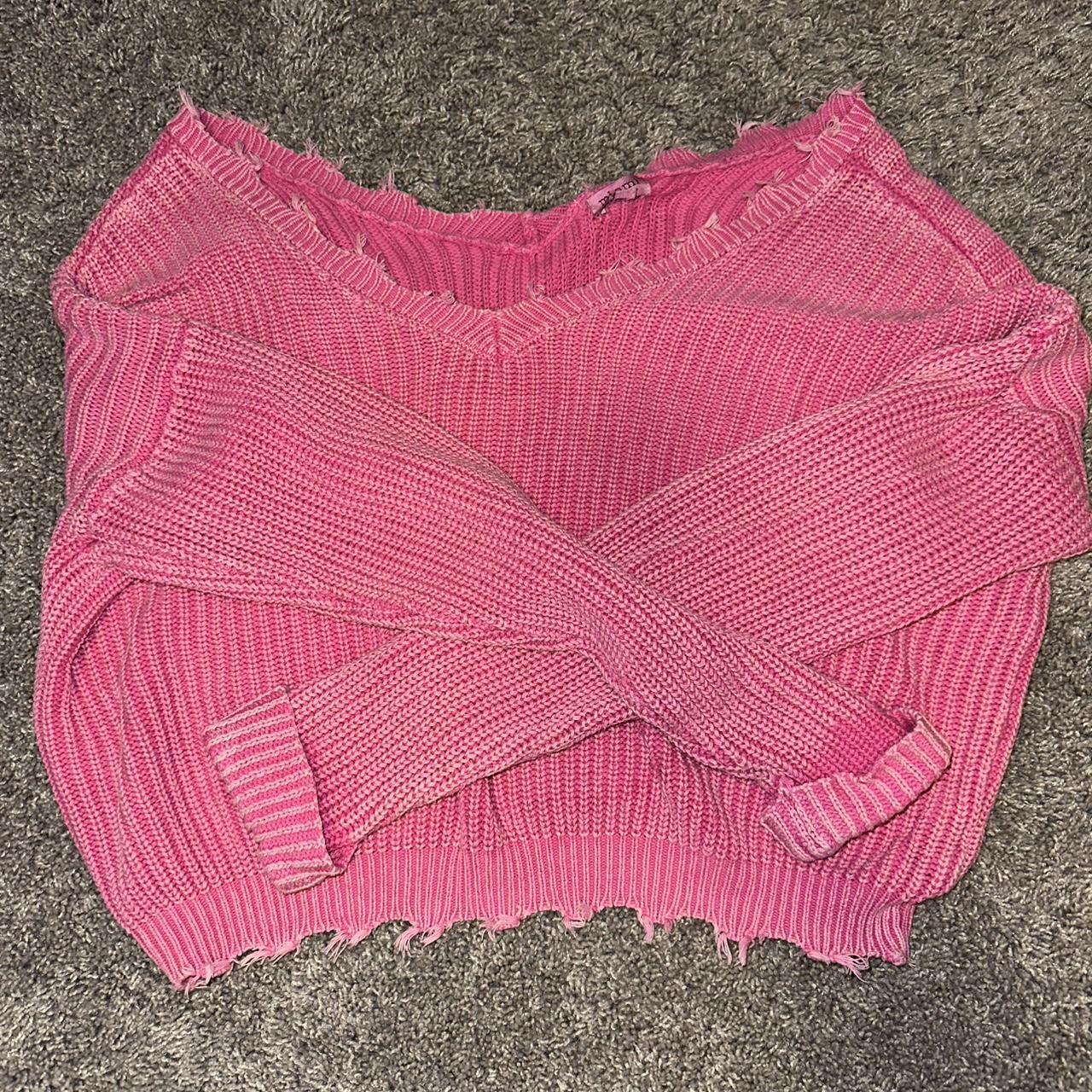 Hot pink cropped sweater with off the shoulder neckline - Depop