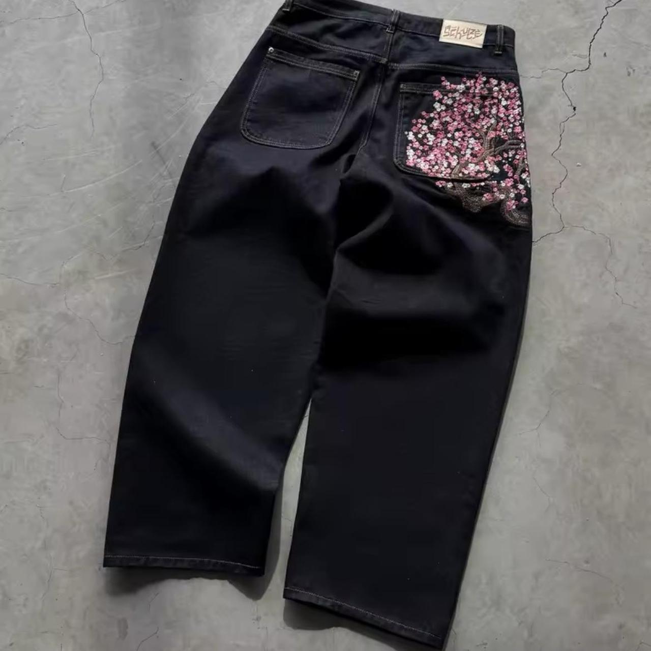 Black baggy denim cherry blossom embroidered jeans... | Depop