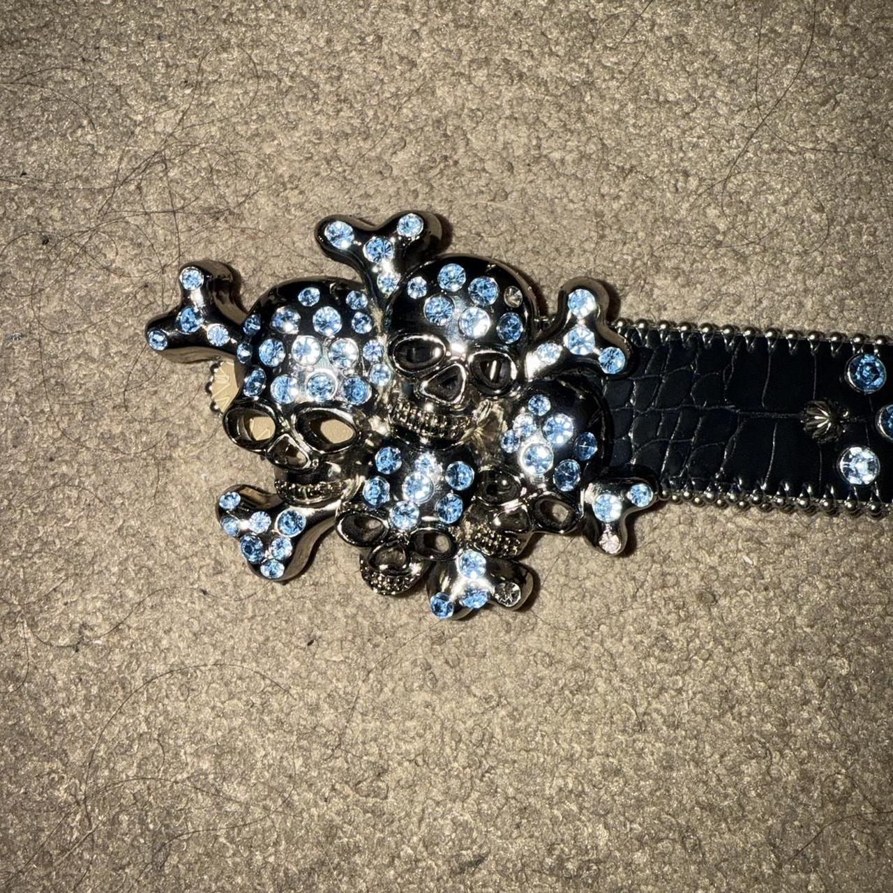 BB Simons Belt Blue & Red Rhinestone 4 Skull Buckle... | Depop