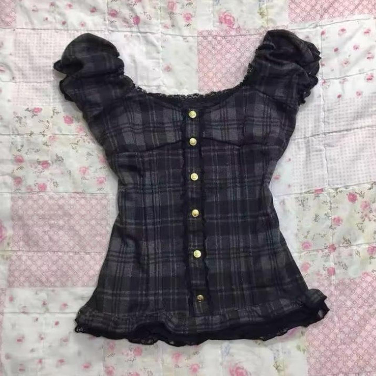 Black plaid gothic button up corset blouse top with... | Depop