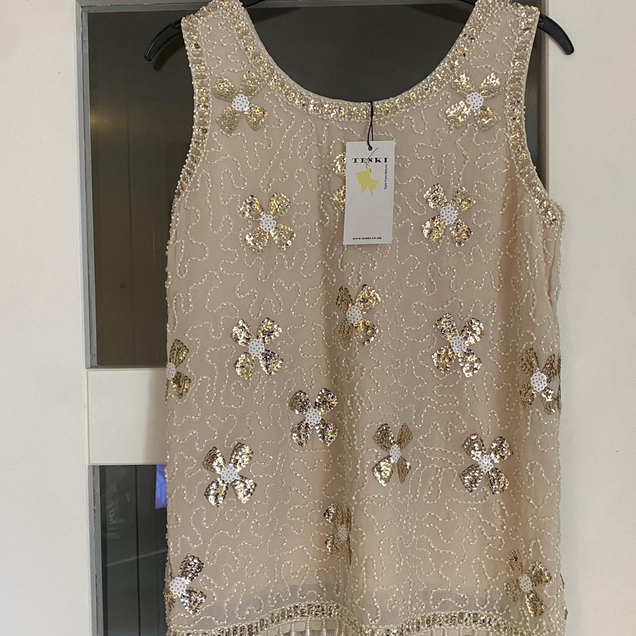 Tenki Cream and gold sequin embellished top - Depop