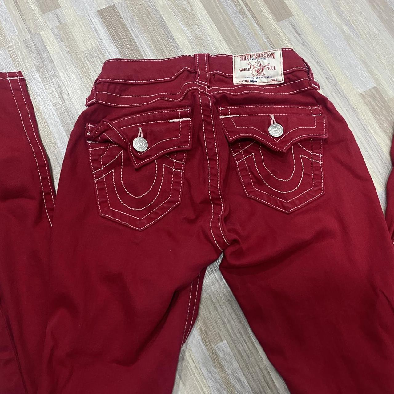 Red True Religion skinny jeans with white stitching,... - Depop