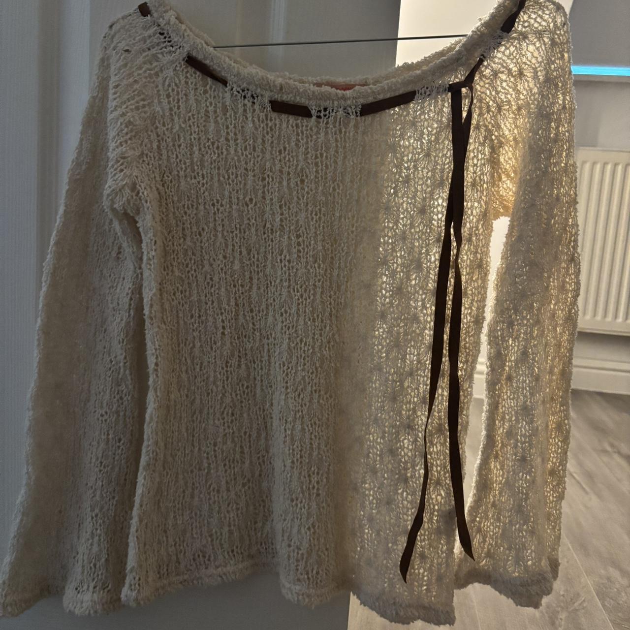 Vintage Japanese Cream and white knitted jumper with... - Depop