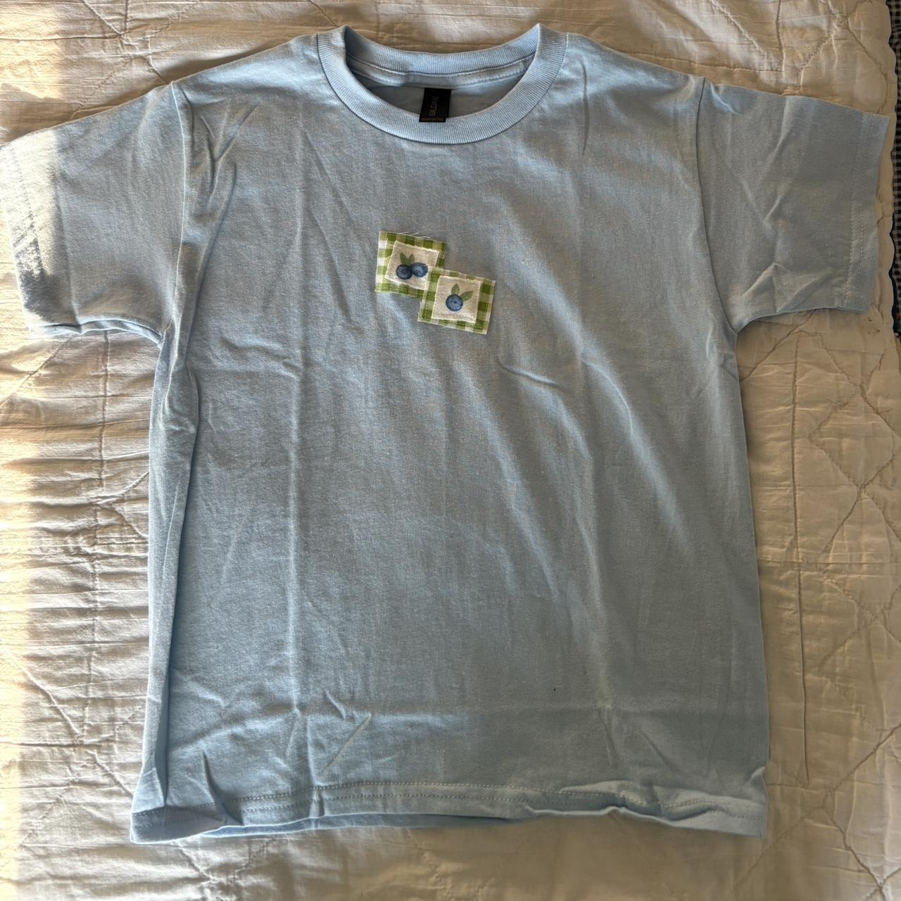 Blue and white cotton tee with blueberry patches... | Depop