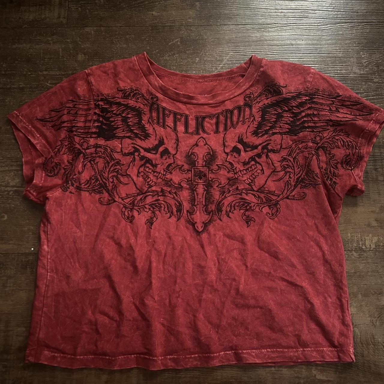 Red Affliction cropped tee with skulls and wings... - Depop