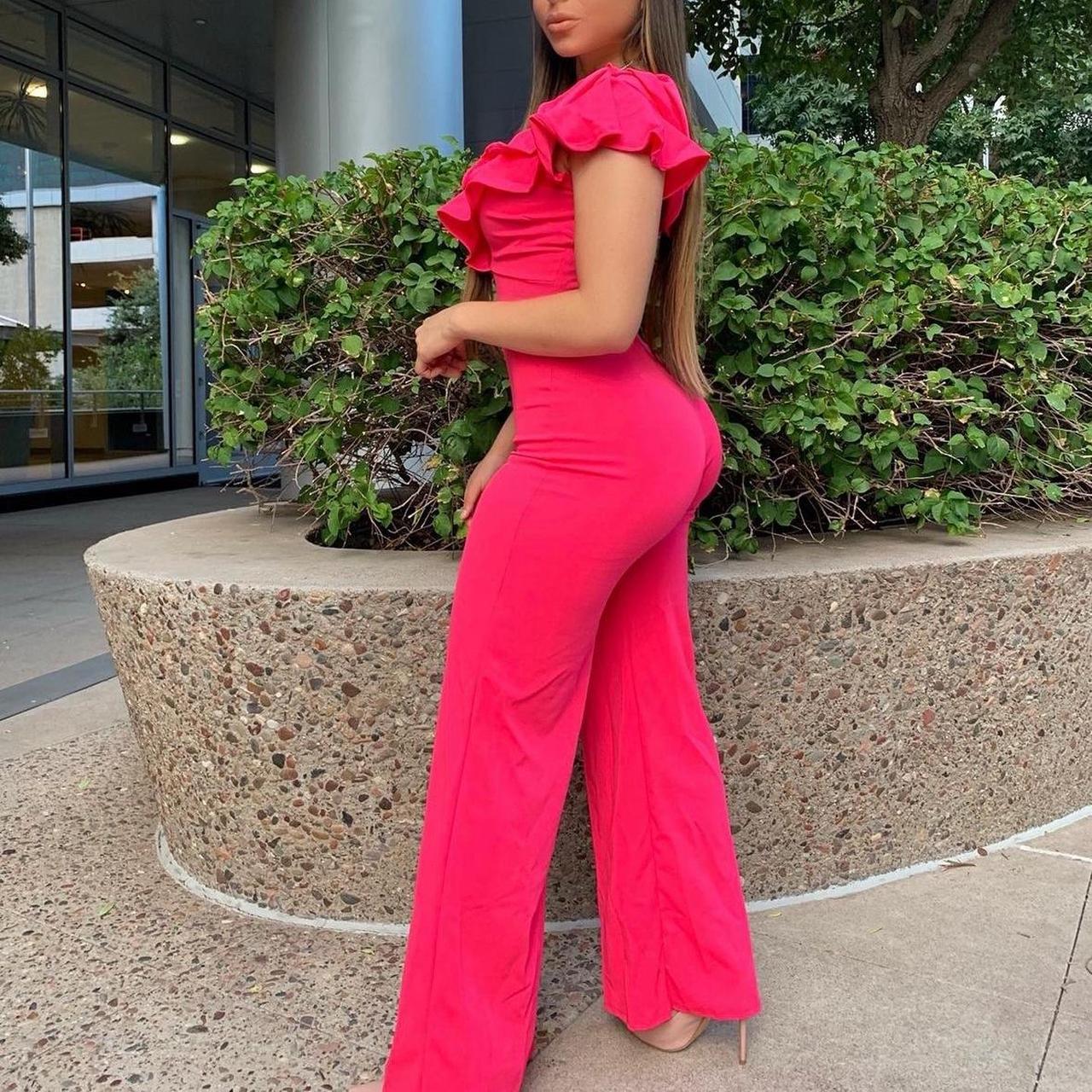 Fashionnova Pink ruffle jumpsuit, great for a brunch... - Depop
