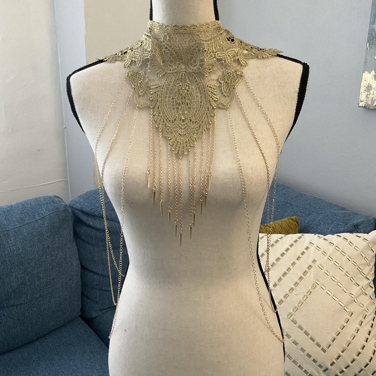 Gold lace collar necklace with multi layer chain... - Depop