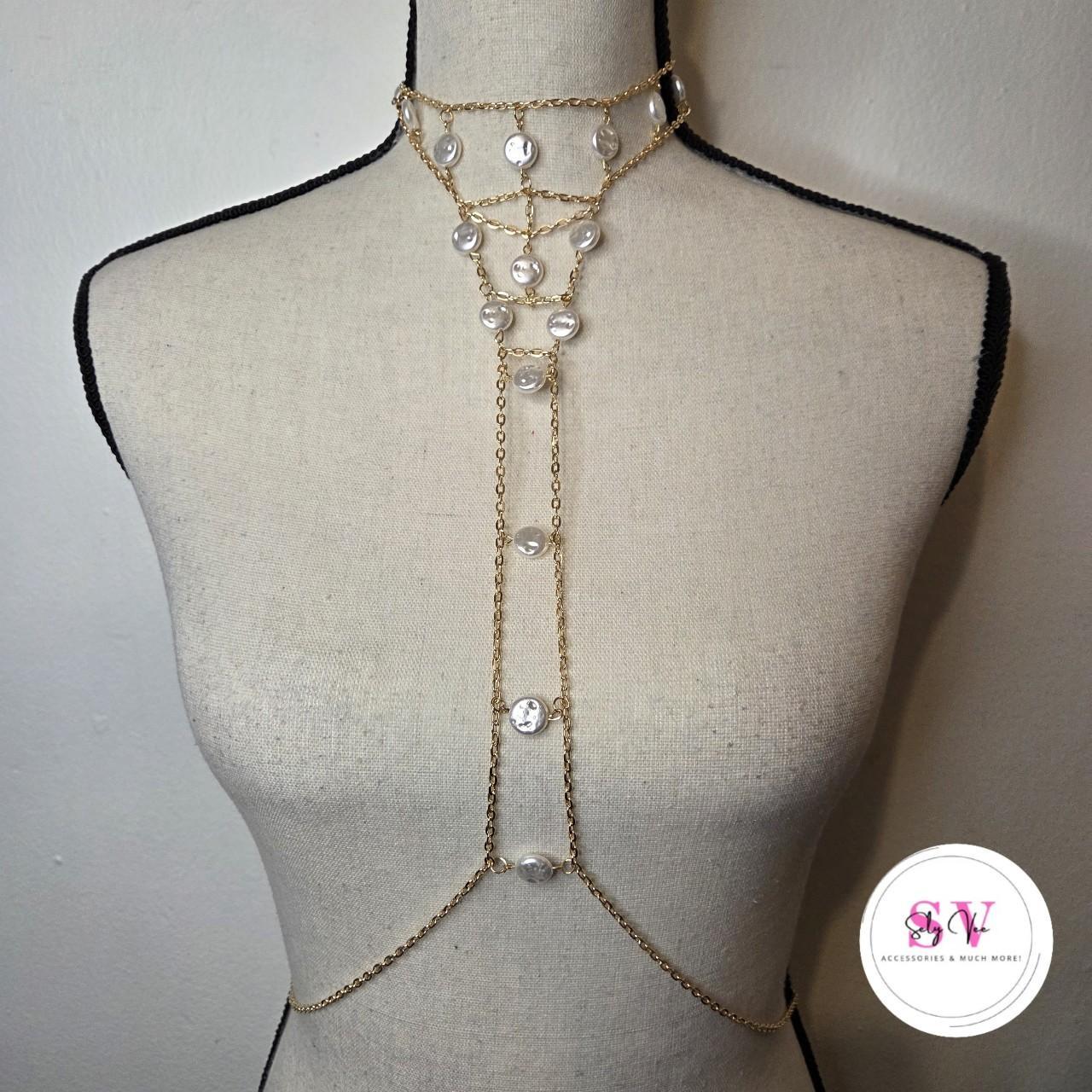 Gold chain body chain jewelry with white decor Brand... | Depop