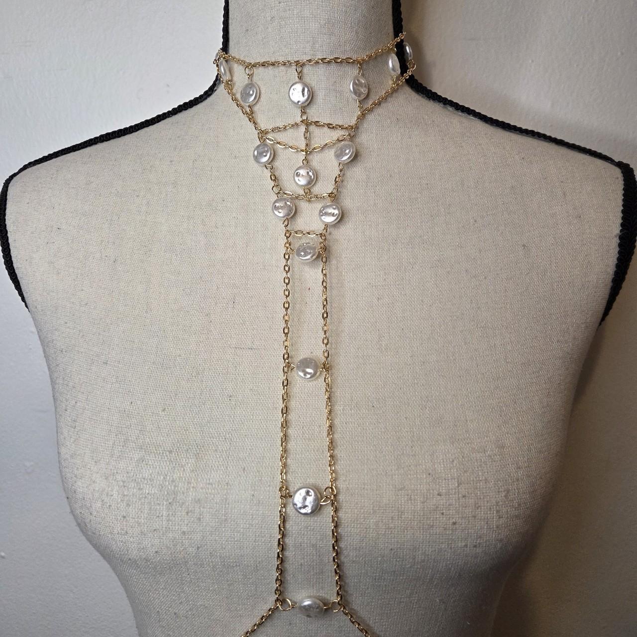 Gold chain body chain jewelry with white decor Brand... | Depop