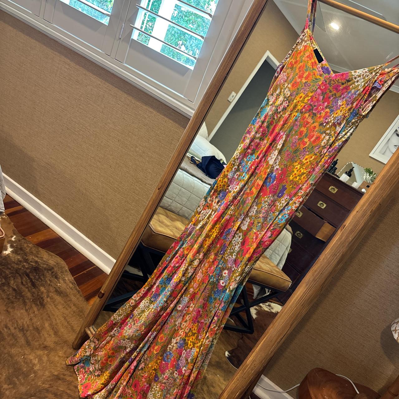 Multi-coloured maxi dress with adjustable straps and... - Depop