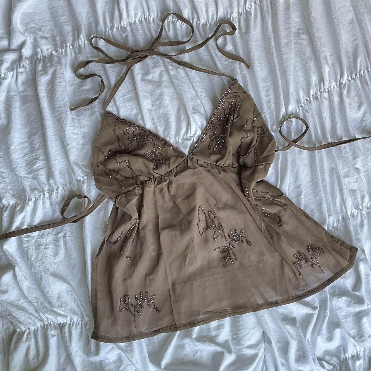 stunning y2k style light brown beaded halter tie... | Depop
