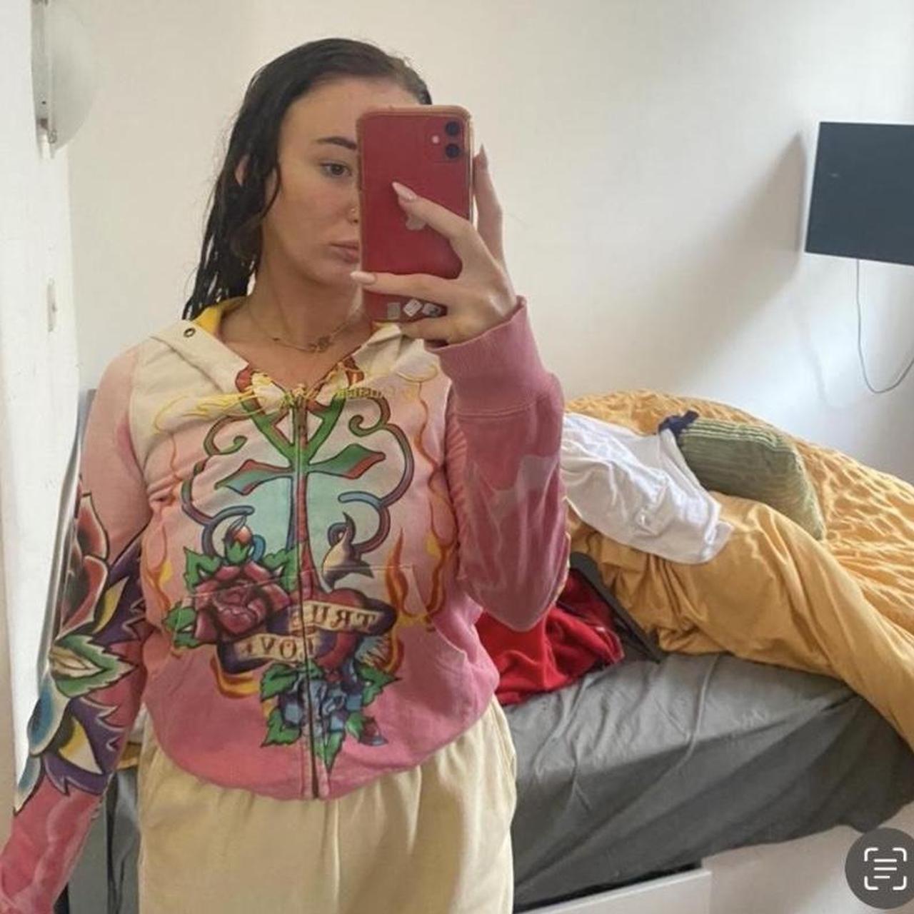 Pink Ed Hardy zip-up hoodie #hoodie small ink stain... - Depop