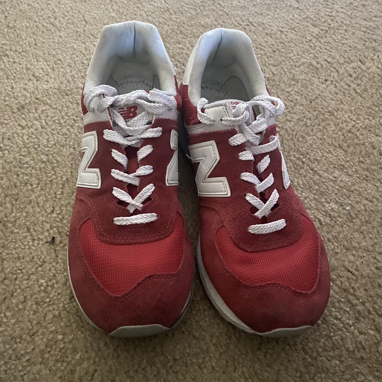 Red and white New Balance 574 trainers #sneakers - Depop