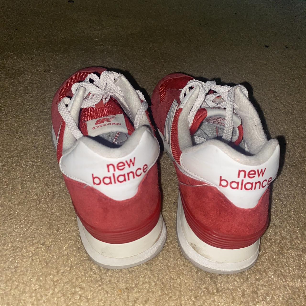 Red and white New Balance 574 trainers #sneakers - Depop