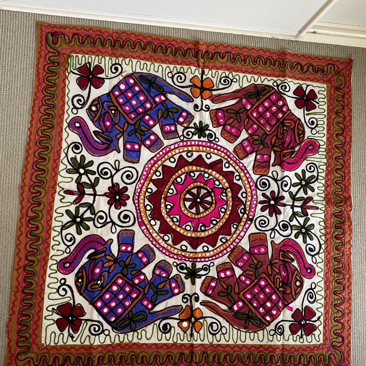 Indian elephants embroidered 89cm x 89cm Stunning... | Depop