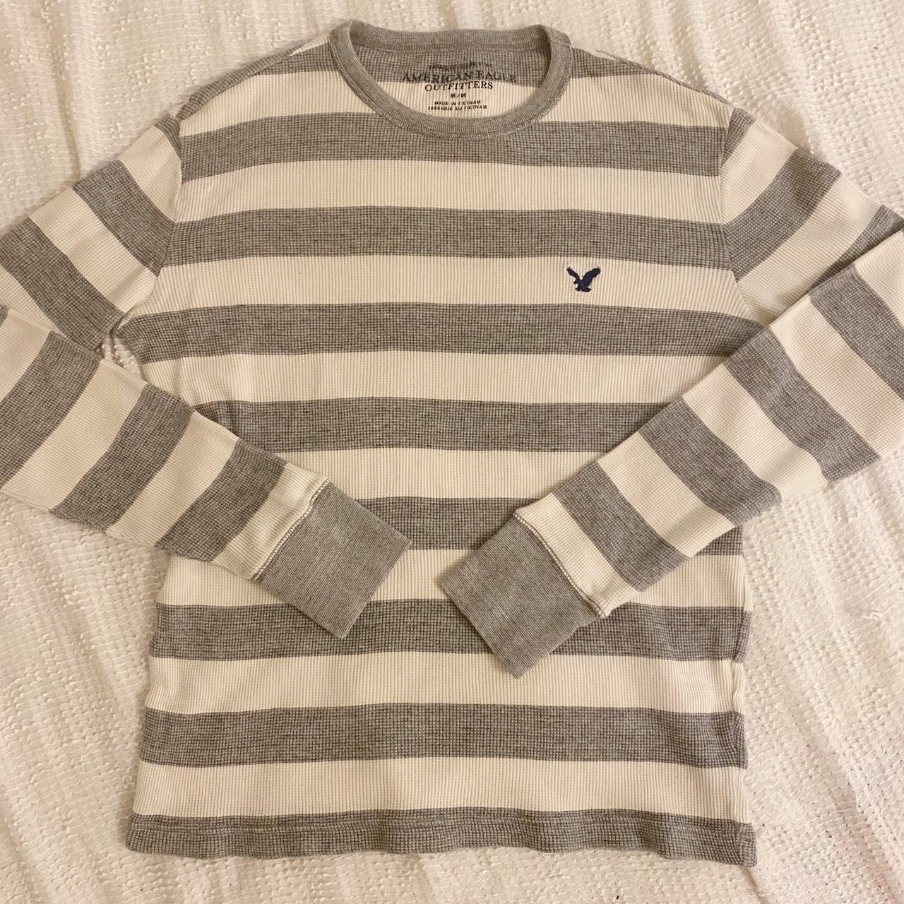 Grey & white striped long-sleeve thermal shirt from... - Depop