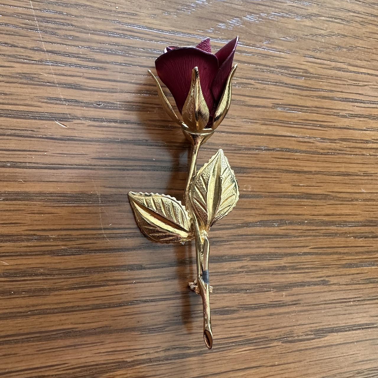 Vintage gold rose brooch with maroon flower and... - Depop