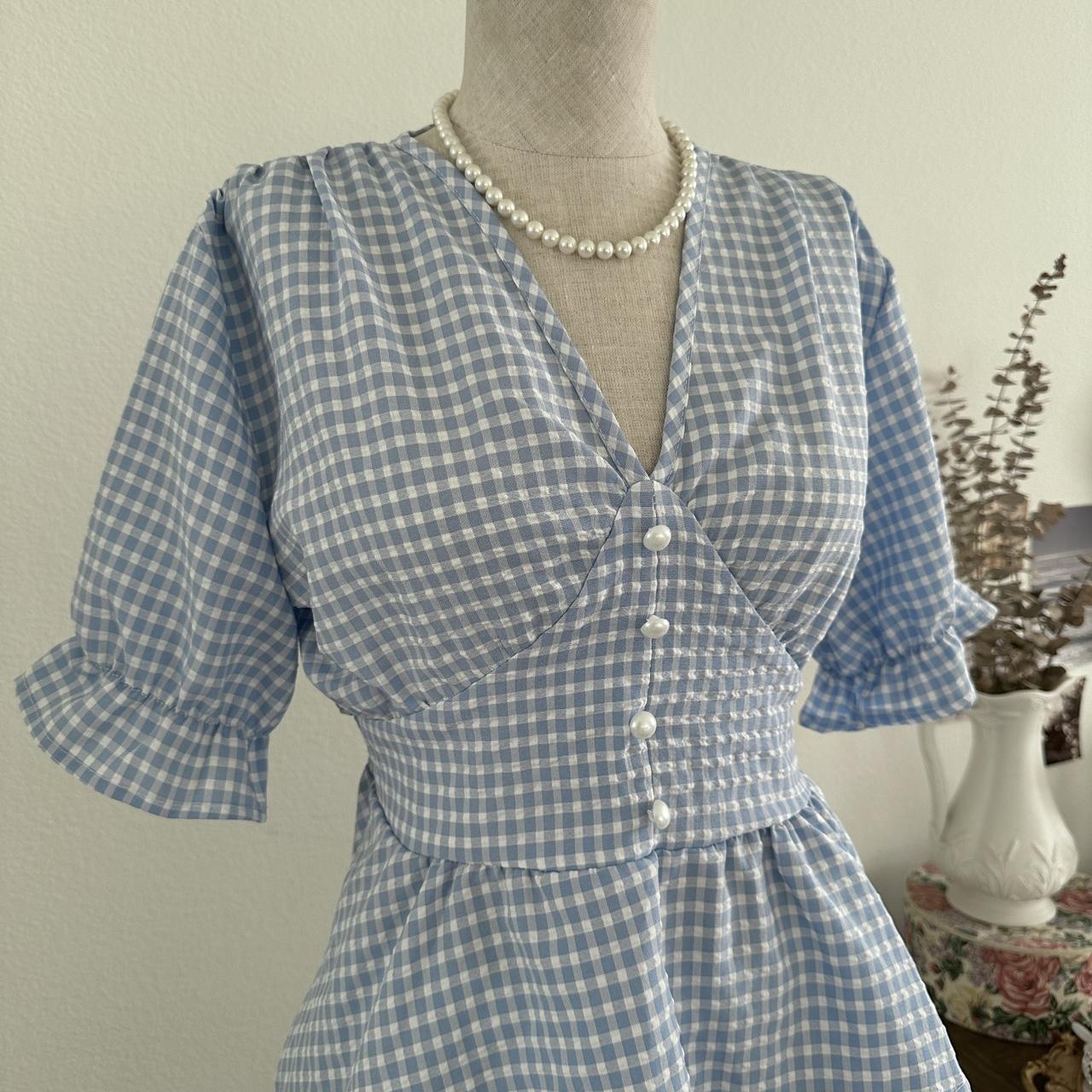 Blue gingham coquette blouse Flat measurements... - Depop
