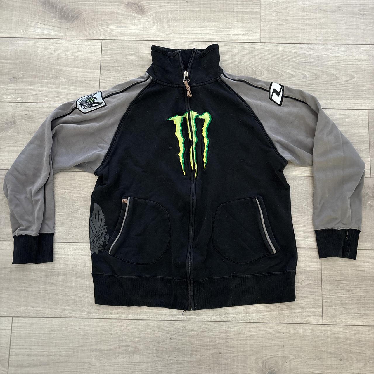 Y2k black and grey monster energy zip up hoodie size... | Depop