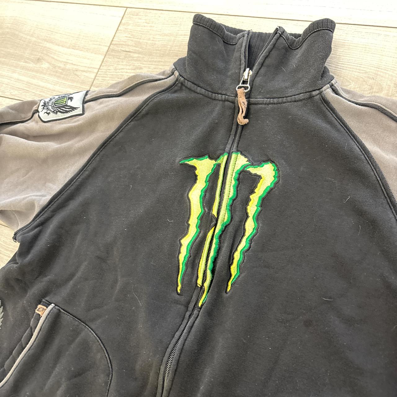 Y2k black and grey monster energy zip up hoodie size... | Depop