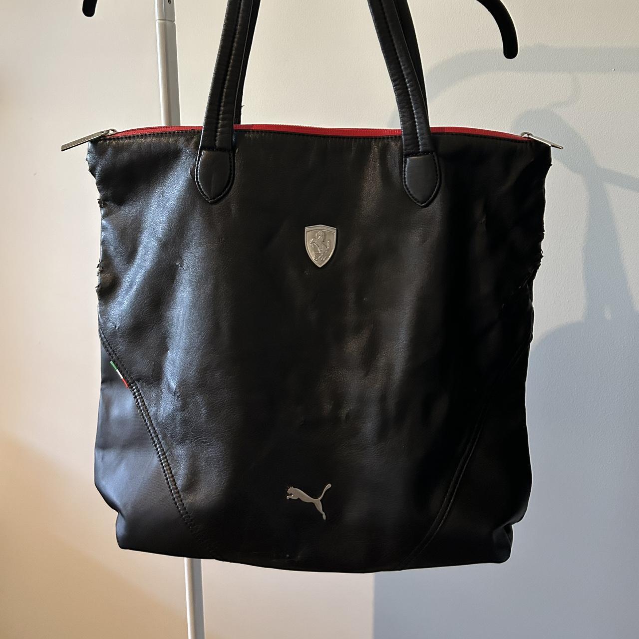 Black leather Puma Ferrari collab large tote bag... - Depop